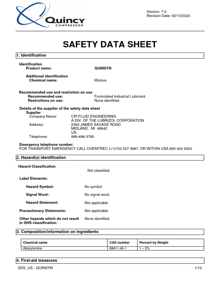 SDS Quinsyn | Download Free PDF | Personal Protective Equipment | Toxicity