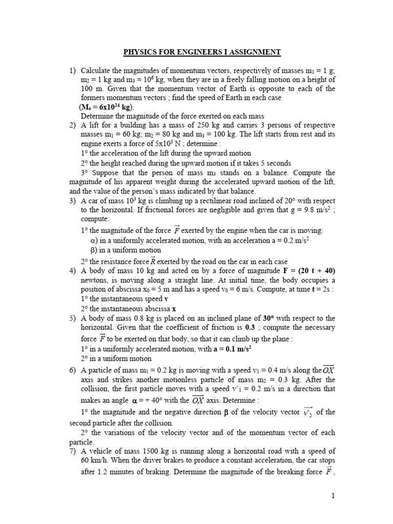 PHYSICS ASSIGNMENT No 1 | PDF | Force | Acceleration