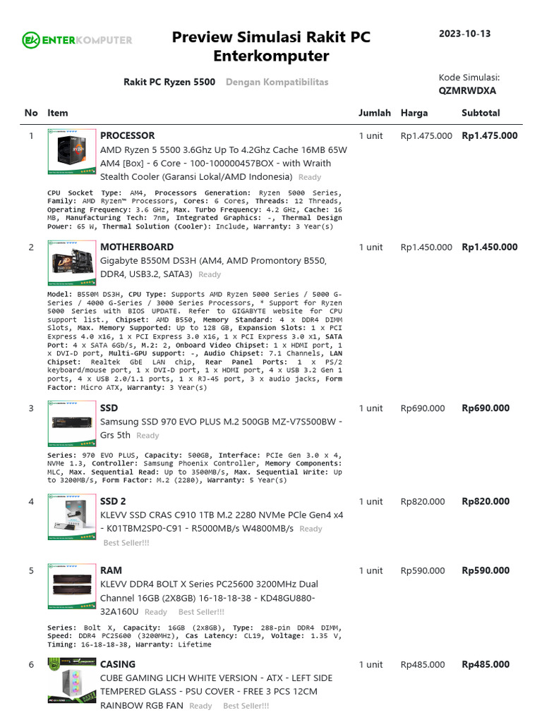 Simulasi - Rakit PC Ryzen 5500 - Enterkomputer Jual Beli Online ...