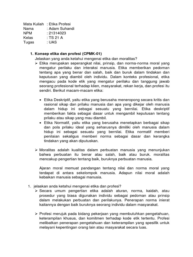 Uas Etika P - Adam Suhandi - 21314023 | PDF | Karier & Perkembangan | Bisnis