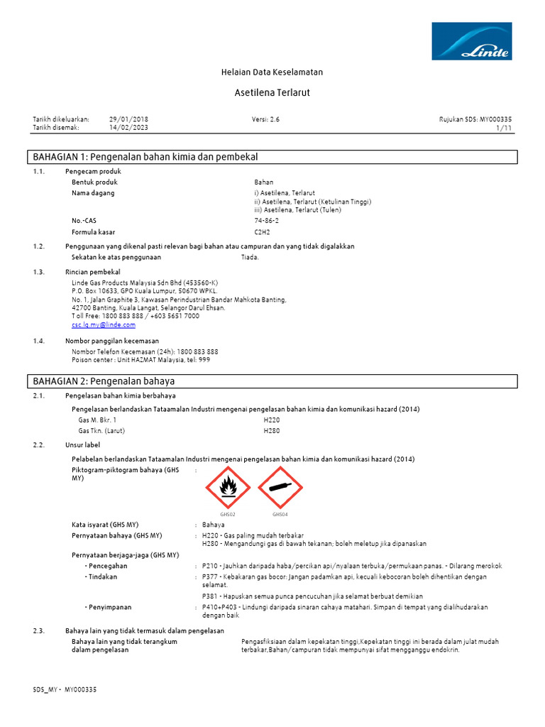 SDS - Dissolved - Acetylene - Linde - Malay | PDF
