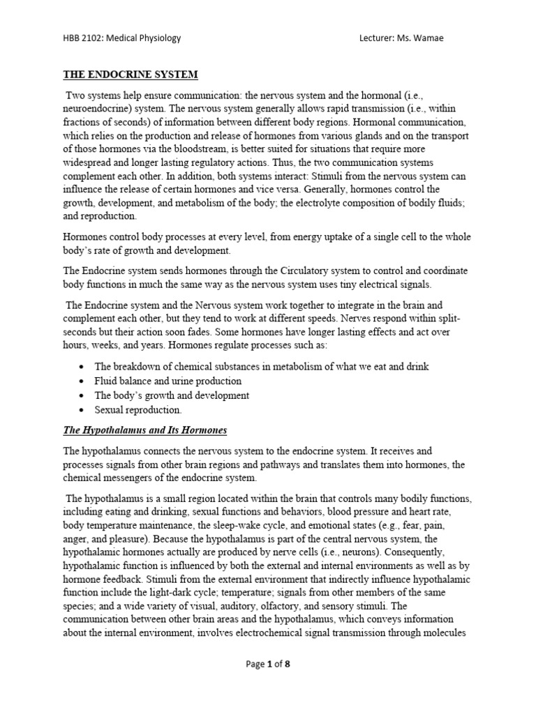 HBB 2102 Endocrine System Student Notes | PDF | Thyroid | Hypothalamus