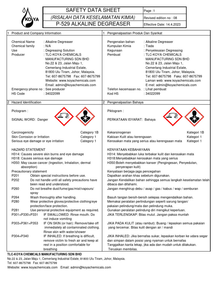 SDS - Alkaline - Degreaser - Dual Language | PDF