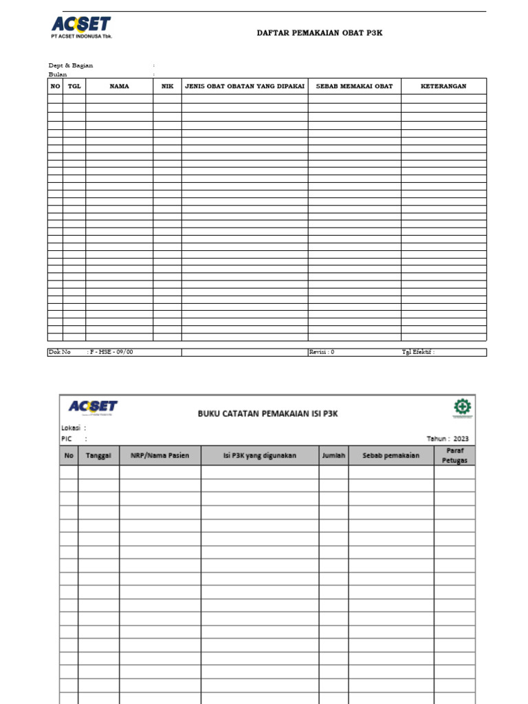 Form Daftar Pemakaian Obat P3K | PDF