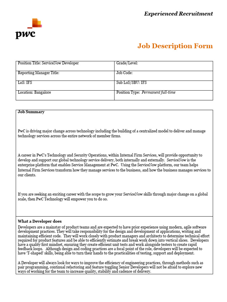 ServiceNow Developer Job Description | PDF | Software Engineering ...