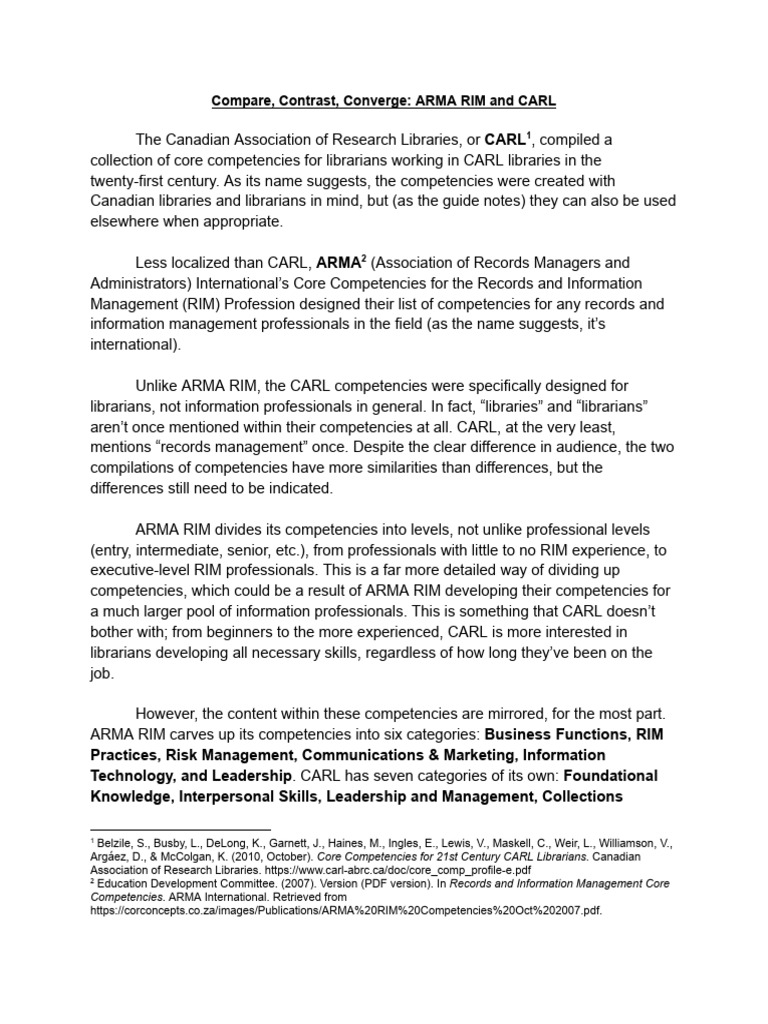 LIBR 516 - Compare, Contrast, Converge ARMA RIM and CARL | PDF | Skill ...