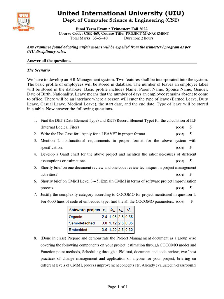 Final Question CSE-469 PM Fall 2022 | PDF | Project Management | Databases