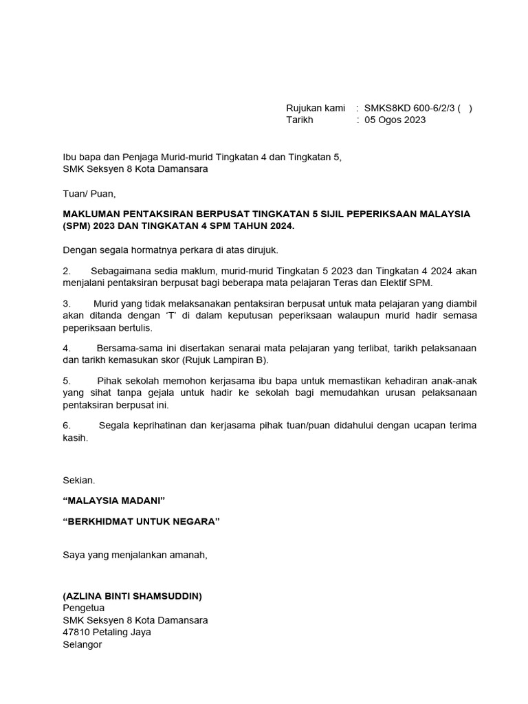 Surat Makluman Ibu Bapa Tatacara PP SPM 2023 | PDF