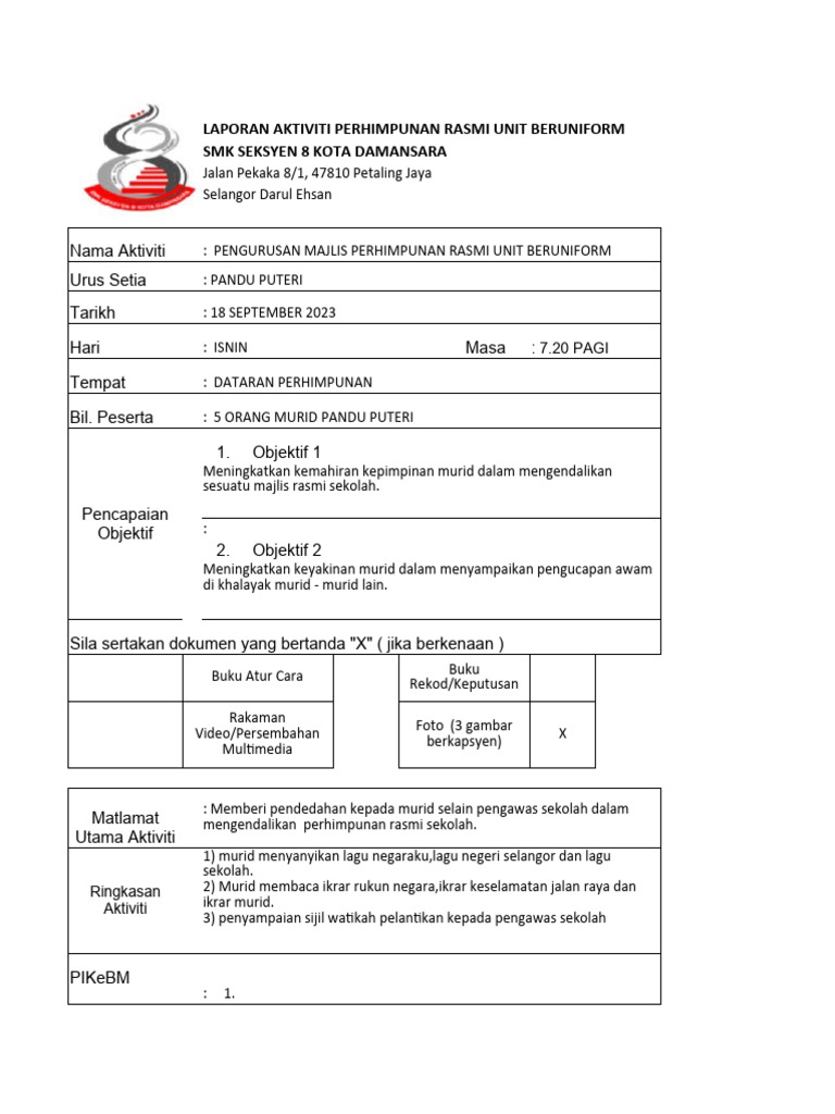 Laporan Perhimpunan Rasmi Unit Beruniform | PDF