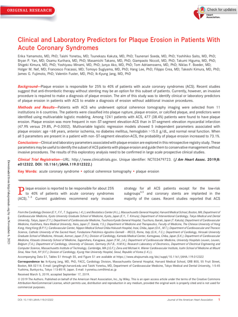 Yamamoto Et Al 2019 Clinical and Laboratory Predictors For Plaque Erosion in Patients With Acute ...