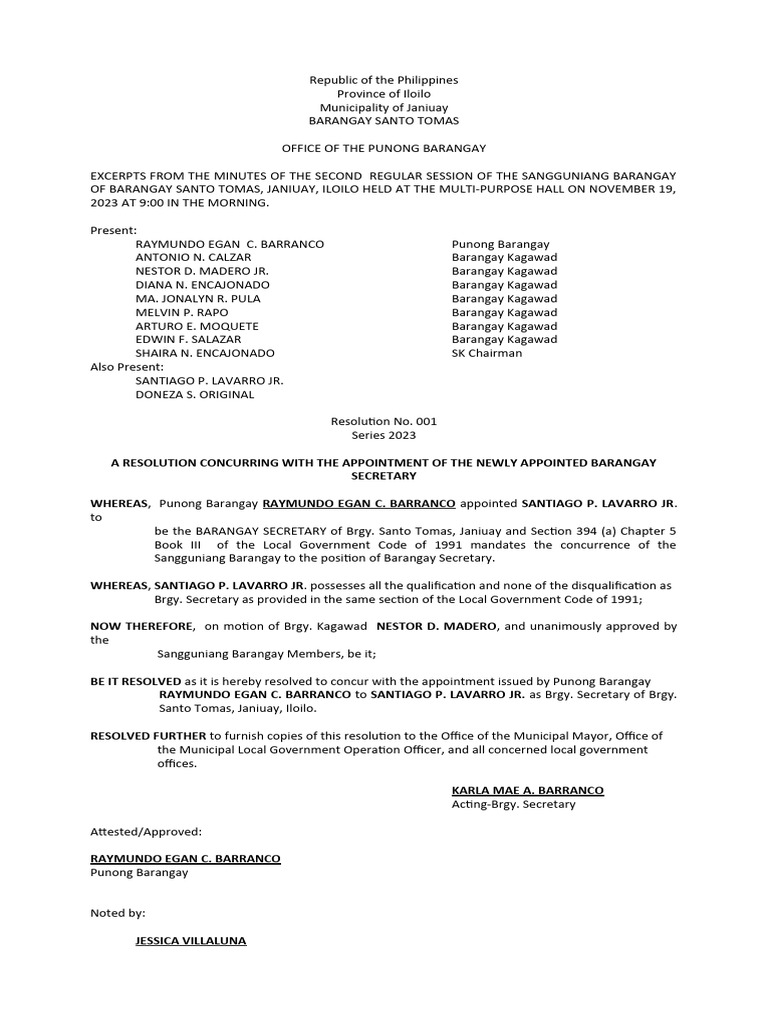 Resolution Concurring Brgy Secretary | PDF | Philippines