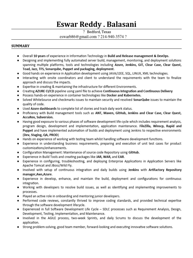 Eswar Reddy Balasani 10 Years DevOps - Build and Release - CV | PDF | Cloud Computing | Computer ...