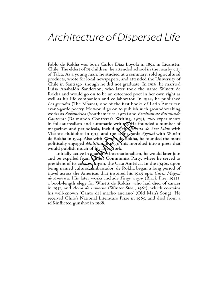 Pablo de Rokha Architecture of Dispersed Life Selected Poetry Sampler | PDF