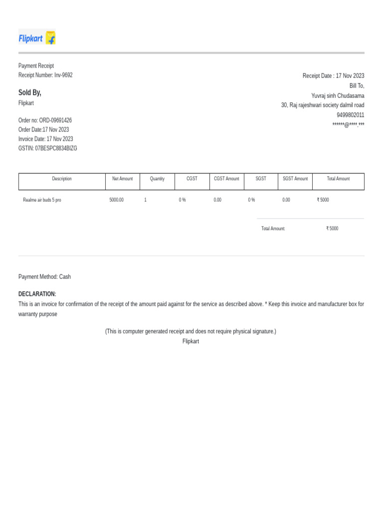 Sold By,: Payment Receipt Receipt Number: Inv-9692 | PDF