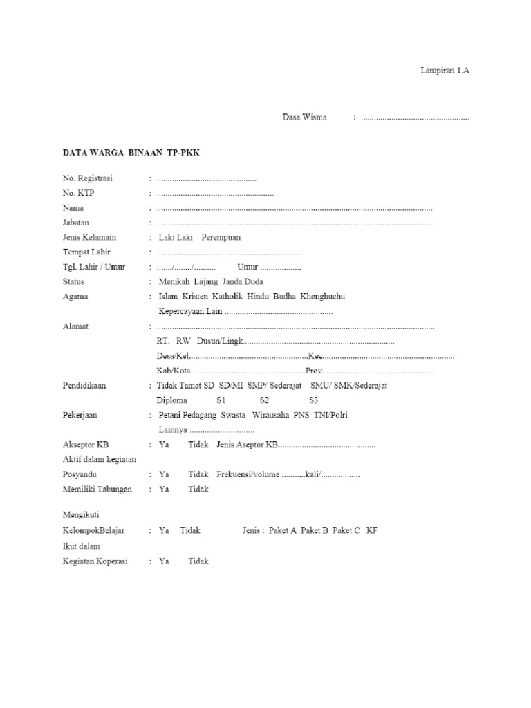 Lampiran 1.A. Dasa Wisma - ... DATA WARGA BINAAN TP-PKK - PDF | PDF