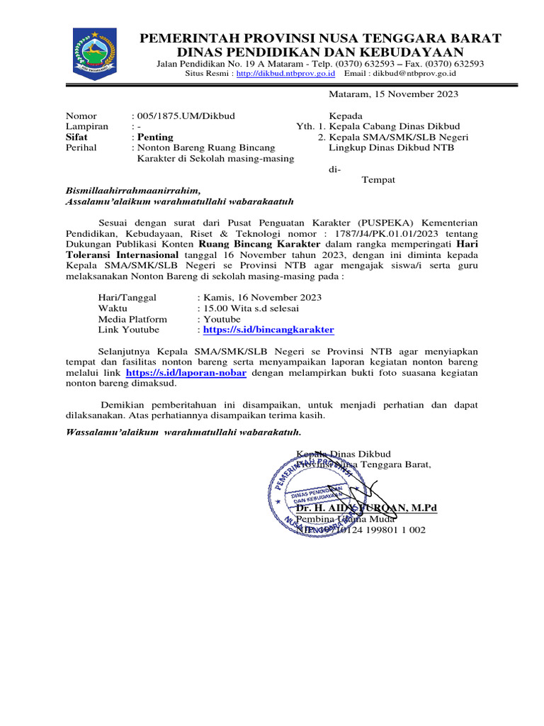 Surat Undangan Nobar Ruang Bincang Karakter | PDF