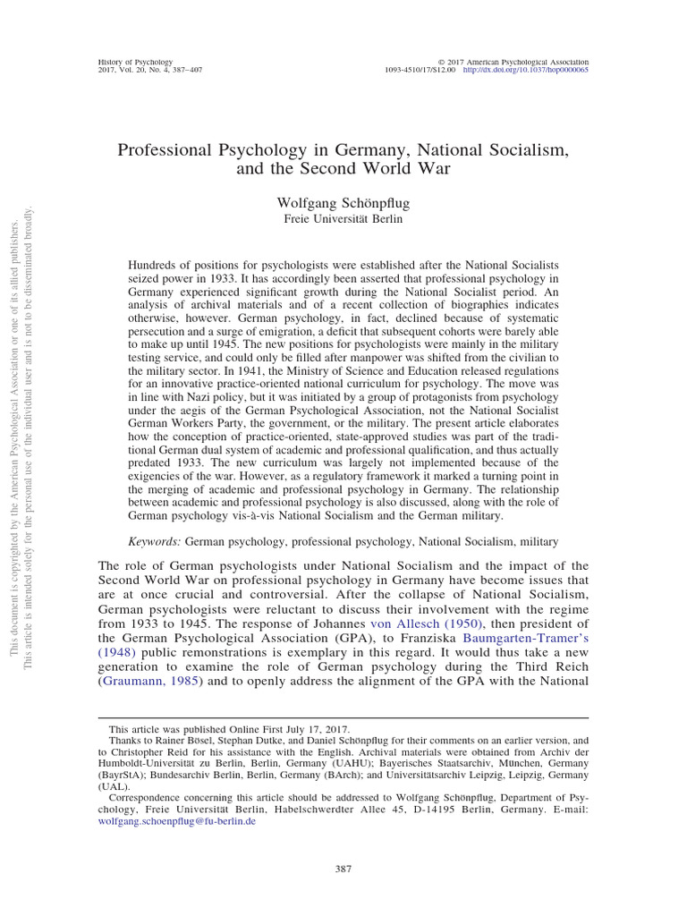 Professional Psychology in Germany, National Socialism, and The Second ...