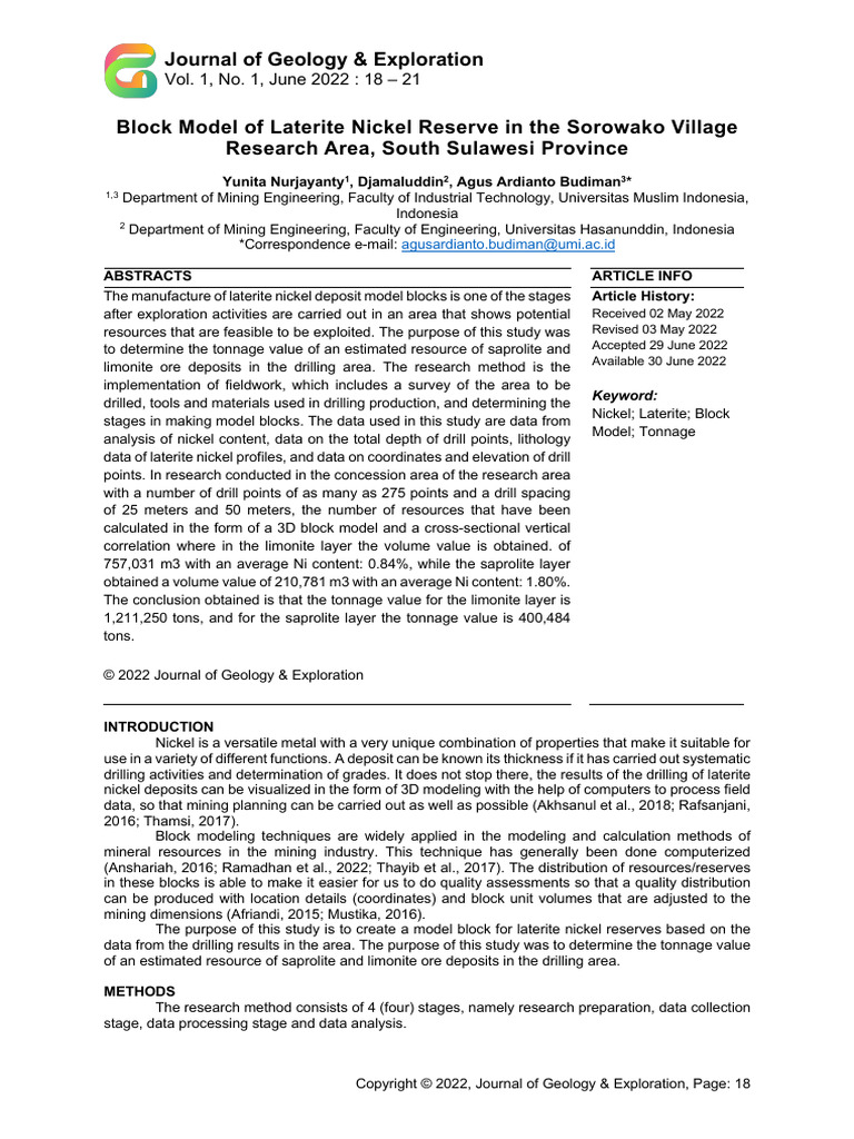 Block Model of Laterite Nickel Reserve in The Soro | PDF | Nickel | Mining