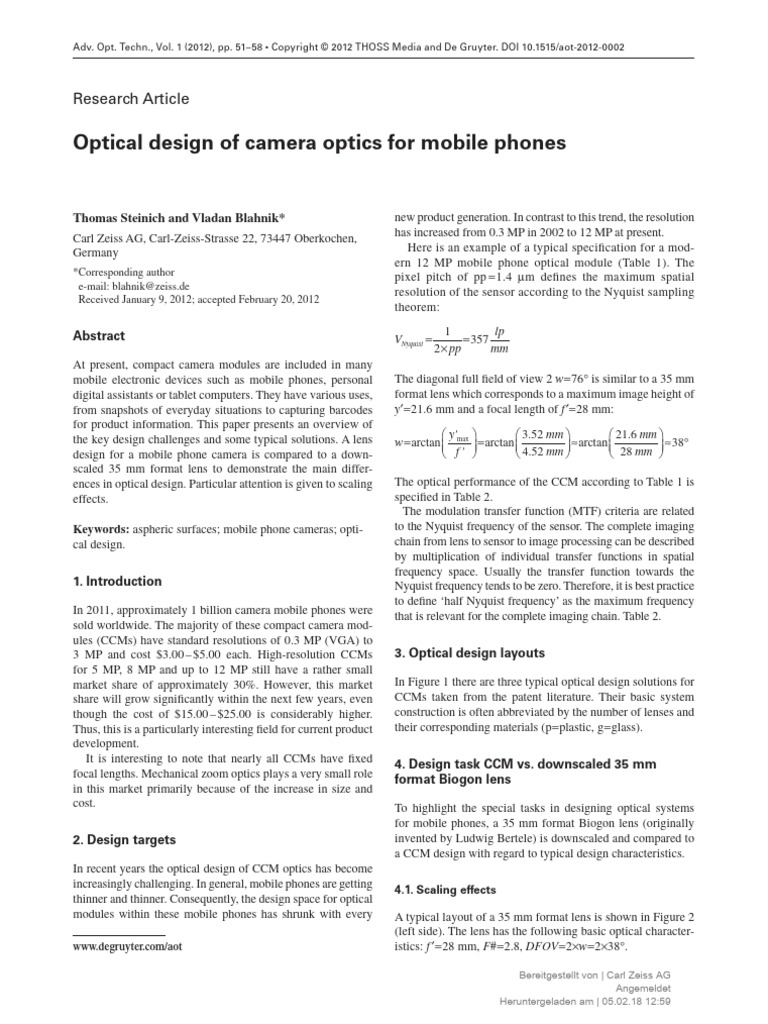 Advanced Optical Technologies Optical Design of Camera Optics For Mobile Phones | PDF | Pixel ...