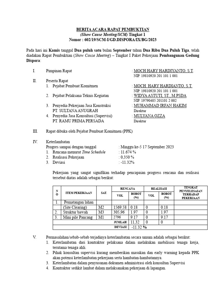 Berita Acara SCM 1 GD Dispora Tahap 1. | PDF | Teknologi & Rekayasa