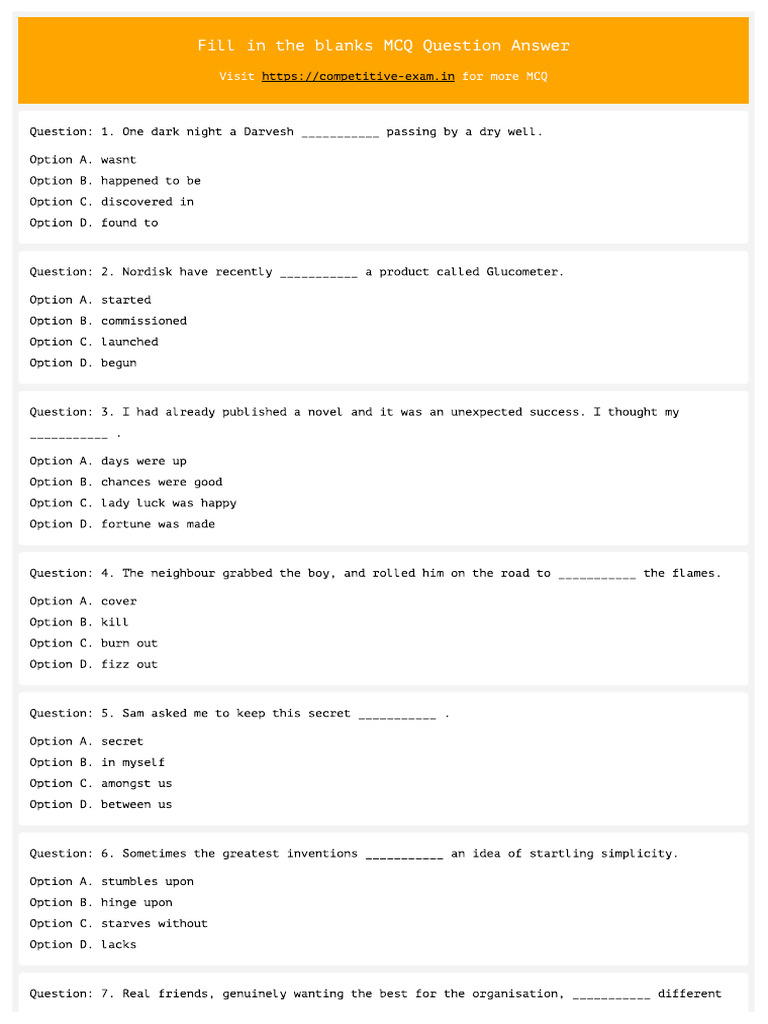Fill in The Blanks - 30 Free MCQ | PDF