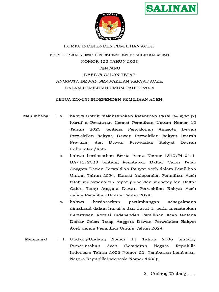 Daftar Caleg DPRA Pada Pemilu Tahun 2024 | PDF