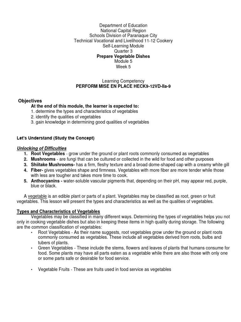 Quarter 3 Week 5 Module | PDF | Vegetables | Cooking