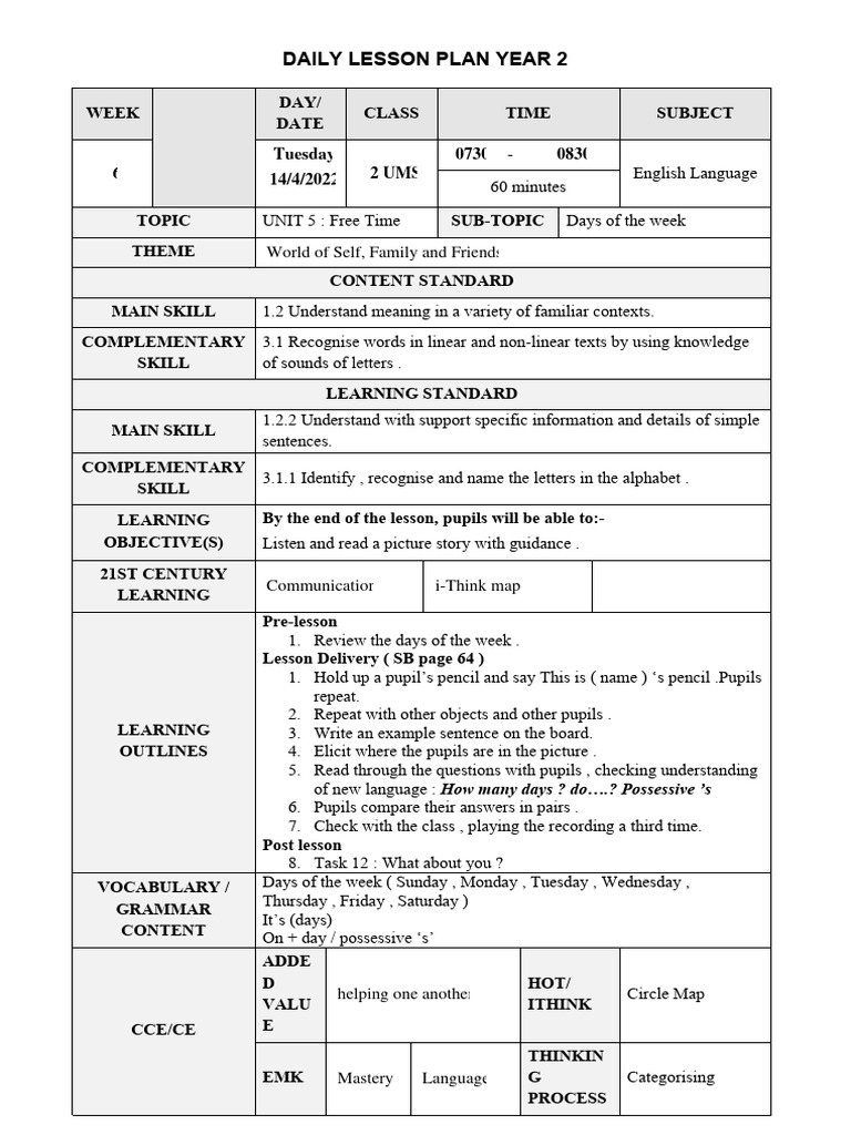 Week 4 - Unit 5 Free Tiime | PDF | Lesson Plan | Learning Week 4 - Unit 5 Free Tiime | PDF | Lesson Plan | Learning