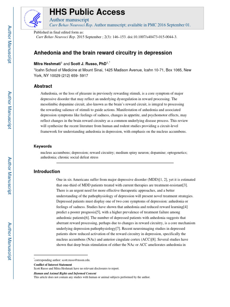 Anhedonia and The Brain Reward Circuitry in Depression | PDF | Reward ...
