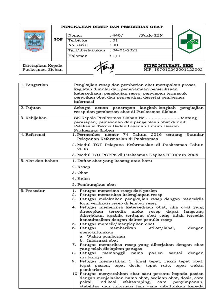 Sop Pengkajian Resep Dan Pemberian Obat Pdf