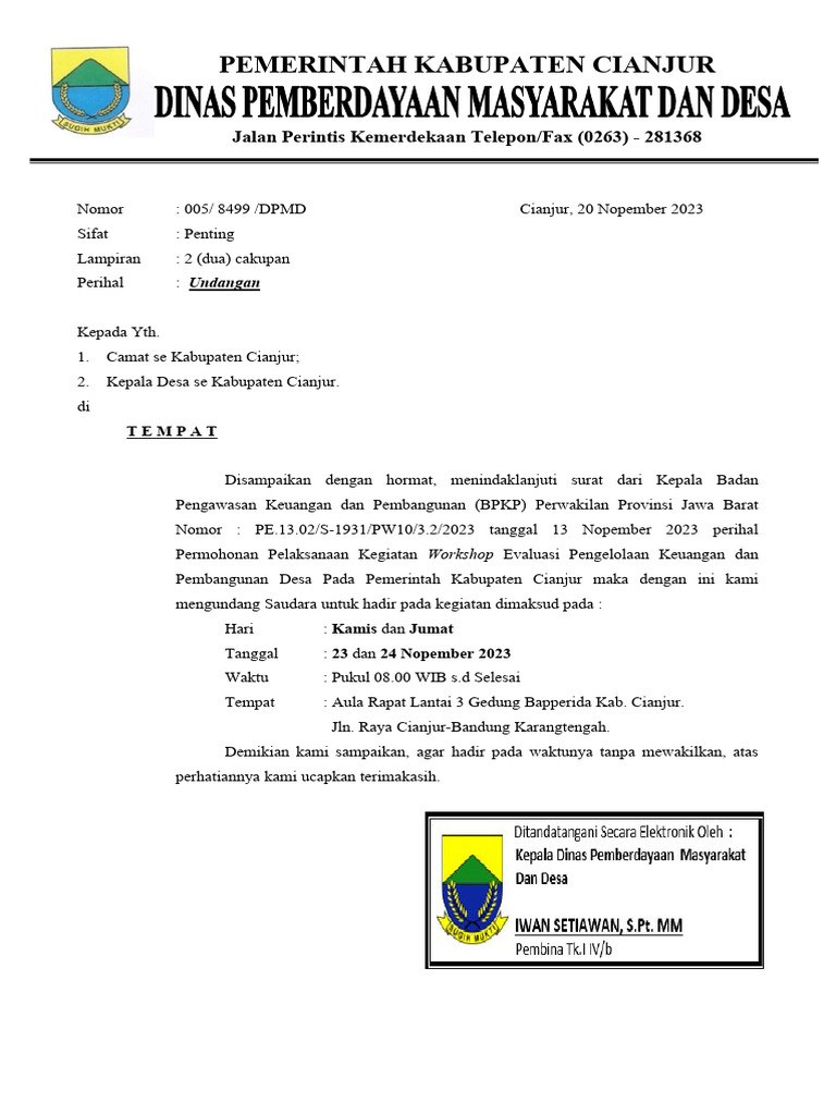 Undangan Workshop BPKP 23 24 Nop 2023 Revisi - Sign - Sign | PDF