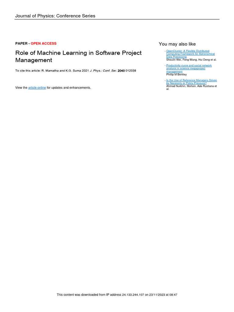 Role of Machine Learning in Software Project Management | PDF | Machine Learning | Support ...