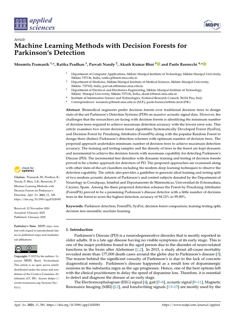 Applied Sciences: Machine Learning Methods With Decision Forests For Parkinson's Detection | PDF ...