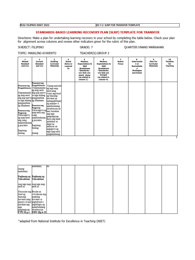 Filipino Learning Recovery Plan Template | PDF | Learning | Cognition