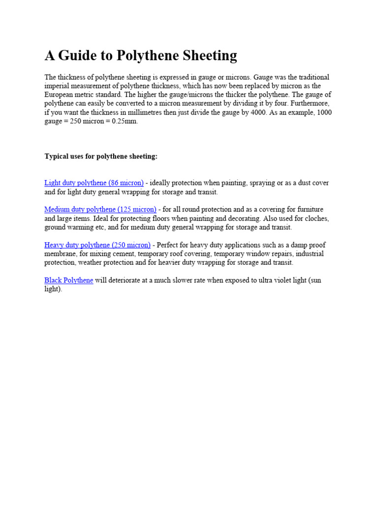 Polythene Sheeting: A Usage Guide | PDF