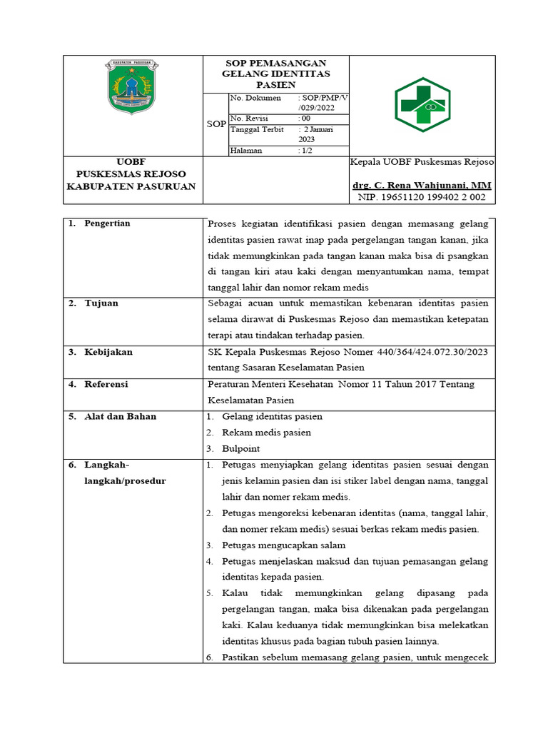 Sop Pemasangan Gelang Identitas Pasien | PDF