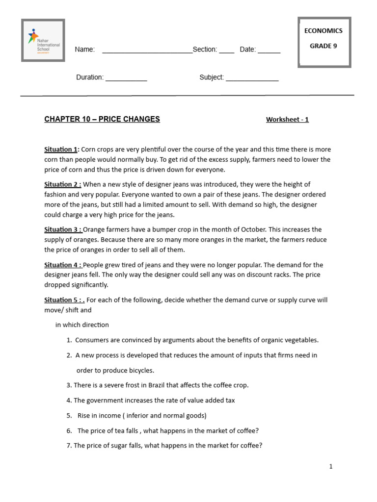 Practice Questions For Graph Demand and Supply For Grade 9 | PDF ...