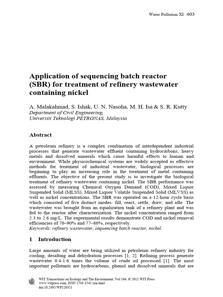 Application of Sequencing Batch Reactor SBR For Treatment of Refinery ...