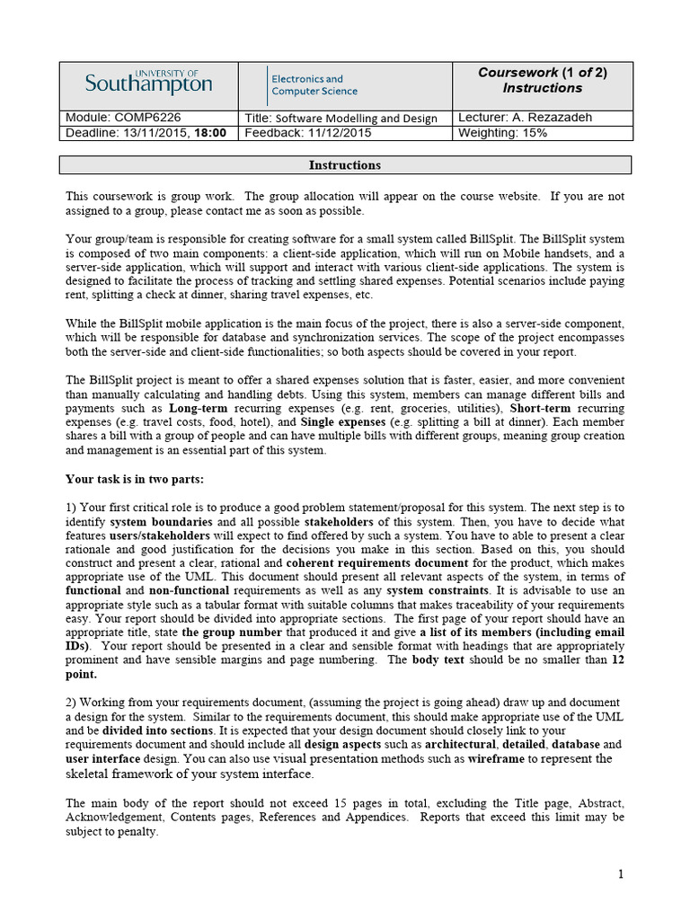 COMP6226 Assignment1 2015 | PDF | Use Case | Unified Modeling Language