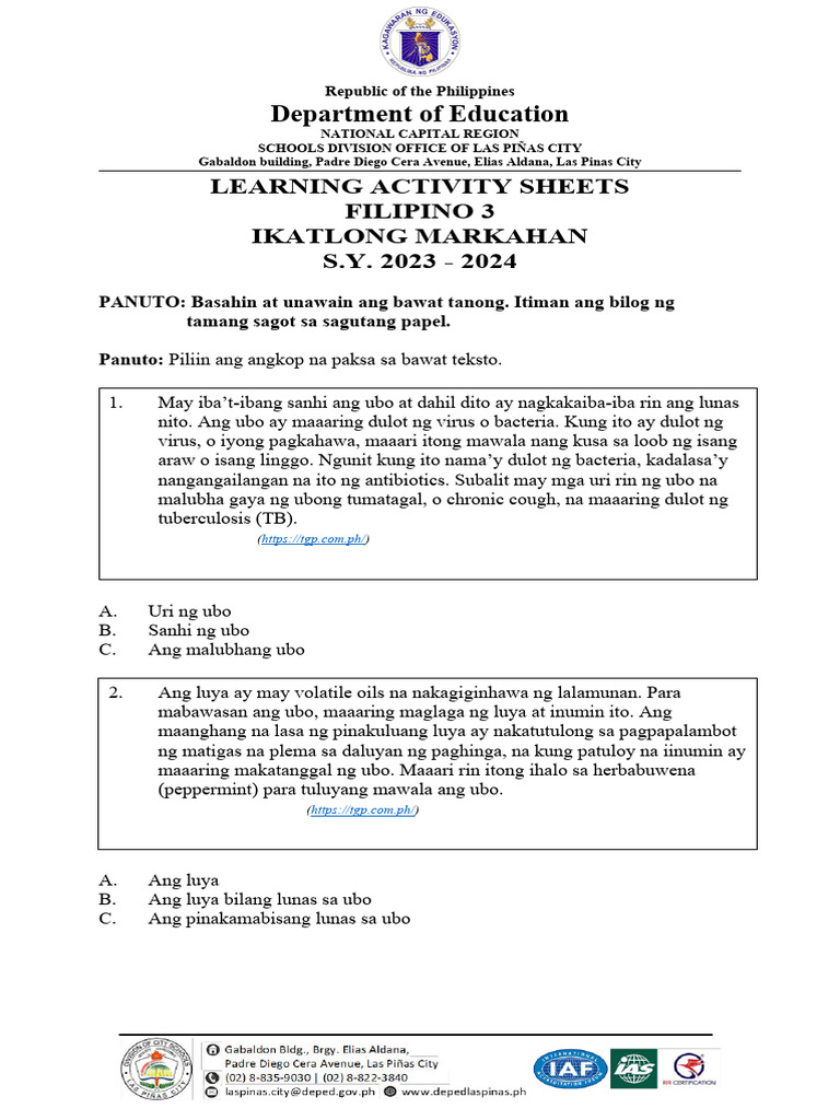 PES Filipino G3 Q3 LEARNING ACTIVITY SHEET | PDF