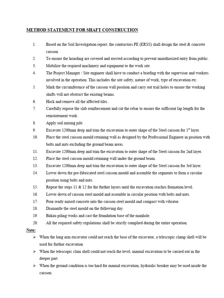 Method Statement For Shaft Construction | PDF | Deep Foundation | Civil ...