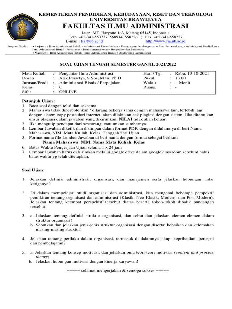 Soal UTS PIA Semester Ganjil 2021-2022 | PDF | Karier & Perkembangan