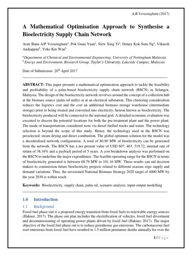 1 A Mathematical Optimisation Approach To Synthesise A Bioelectricity Supply Chain Network