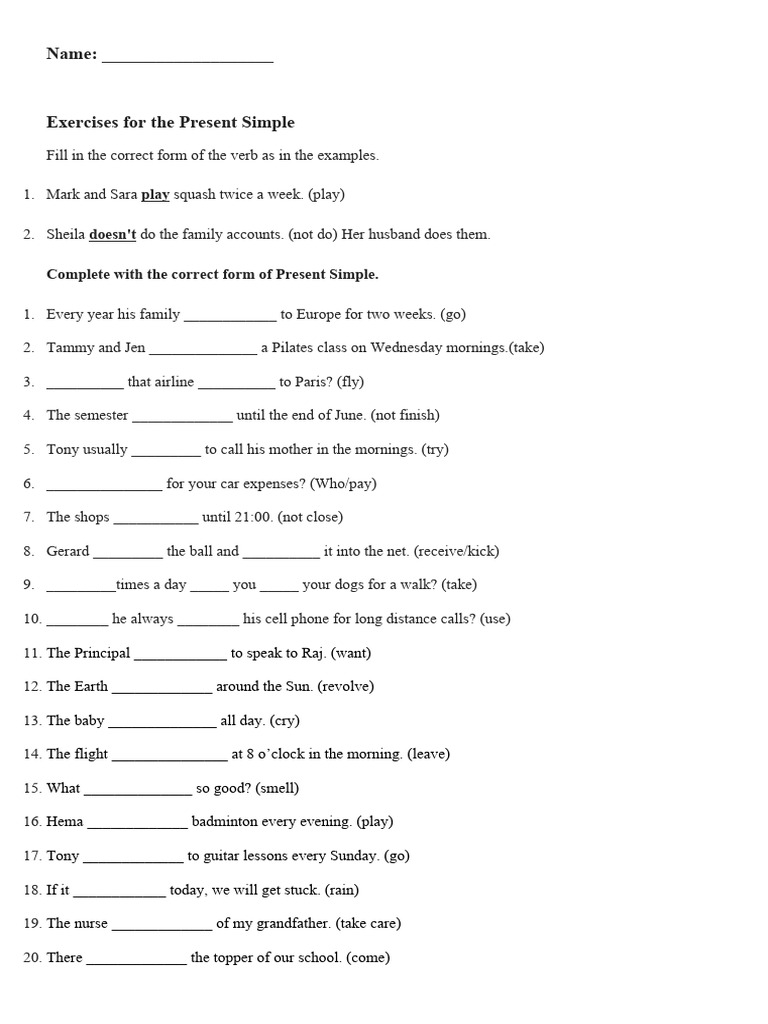 Exercises For The Present Simple | PDF