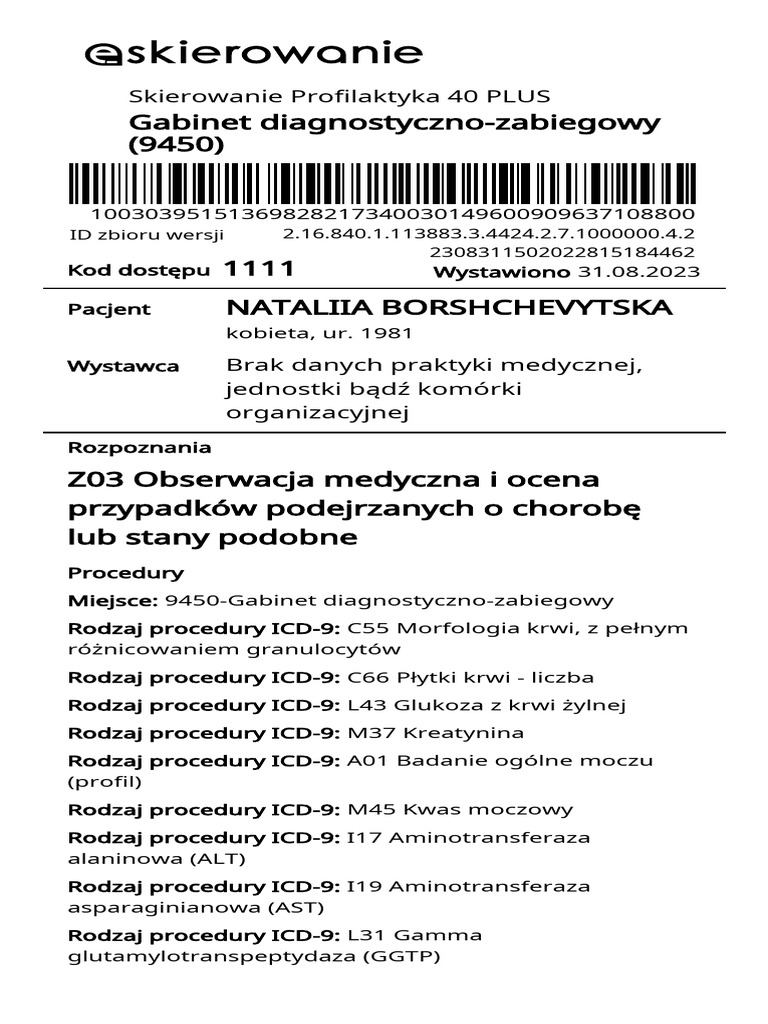 Gabinet Diagnostyczno-Zabiegowy (9450) : Skierowanie Profilaktyka 40 ...