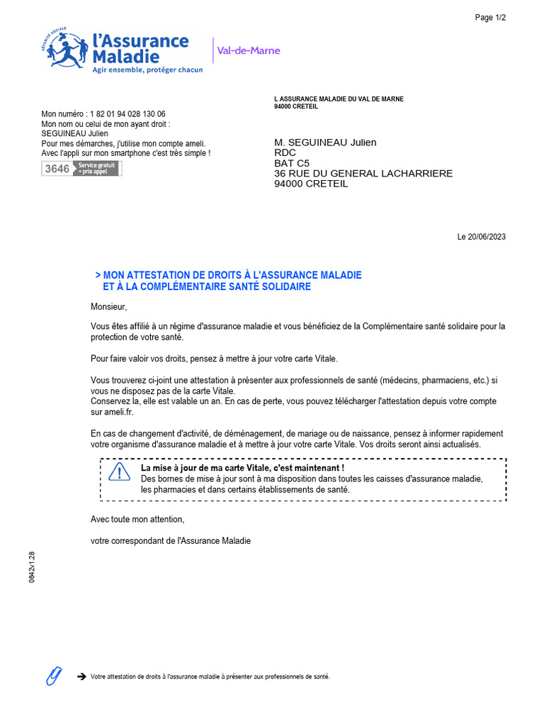 Attestation de droits à l'assurance maladie | PDF