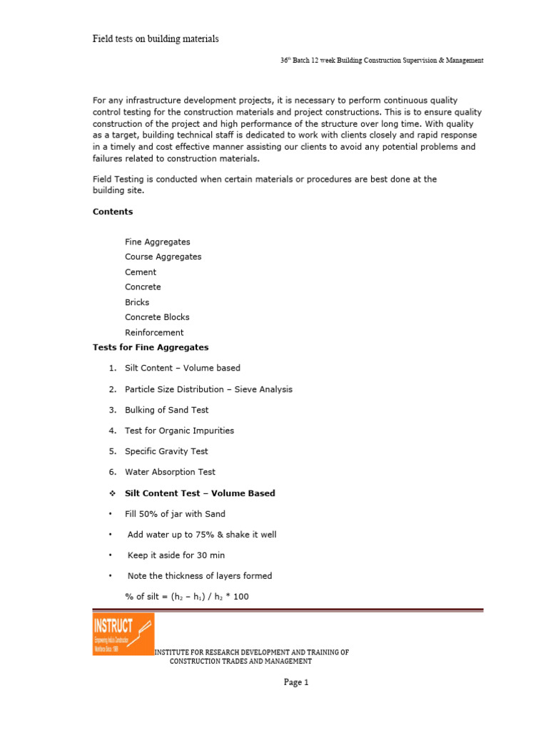 Field Testing of Building Materials | PDF | Concrete | Construction ...