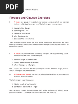 Distance Learning Phrases And Clauses Digital Grammar Worksheets