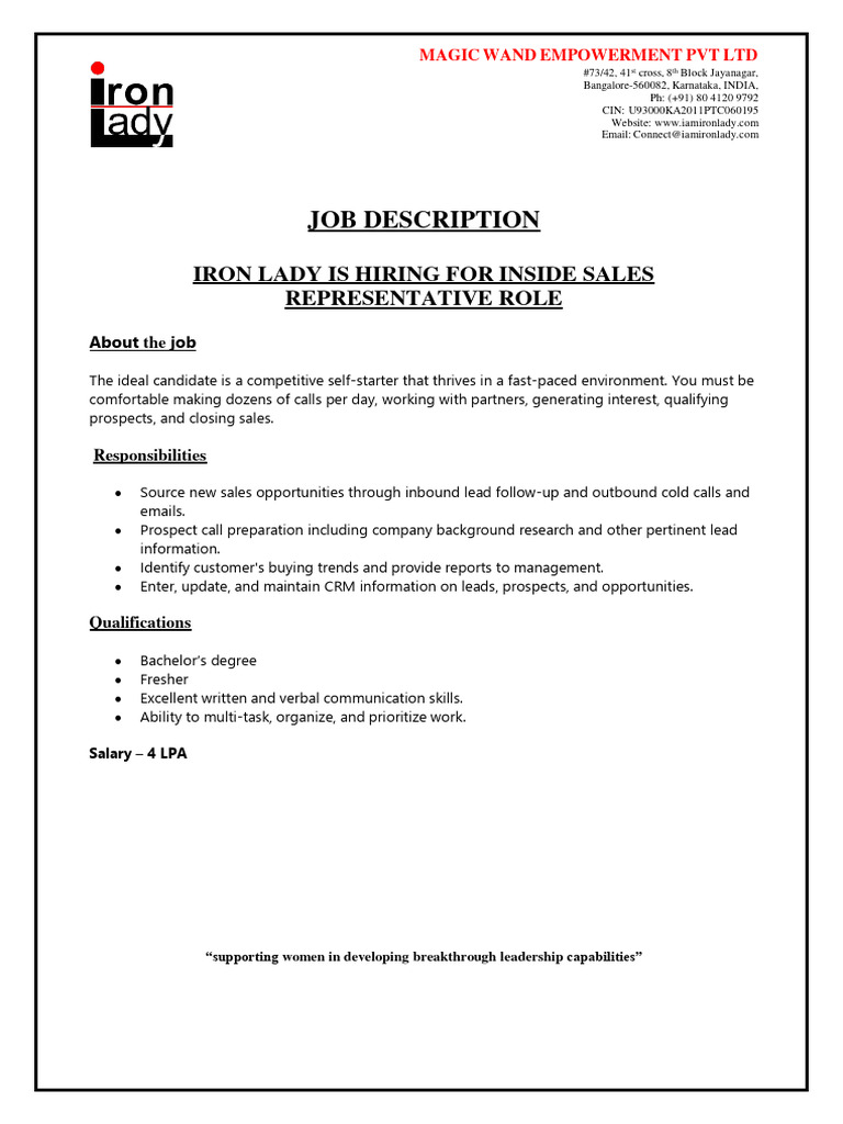 Inside Sales Representative Job Opening | PDF