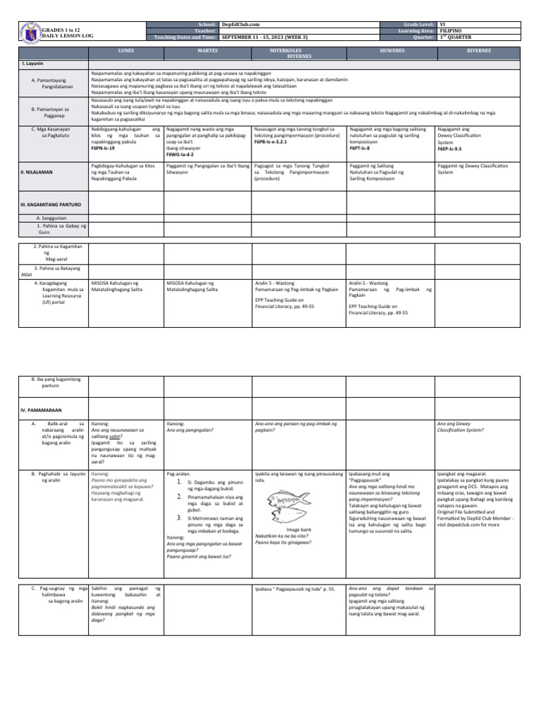DLL - Filipino 6 - Q1 - W3 | PDF